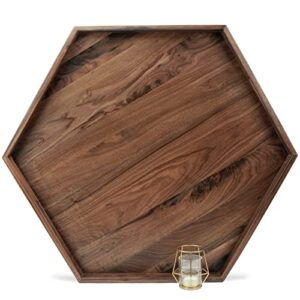 magigo 30 x 26 inches extra large hexagonal black walnut wood ottoman tray with handles, serve tea, coffee, classic hexagon wooden decorative serving tray