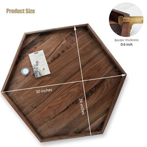 MAGIGO 30 x 26 Inches Extra Large Hexagonal Black Walnut Wood Ottoman Tray with Handles, Serve Tea, Coffee, Classic Hexagon Wooden Decorative Serving Tray