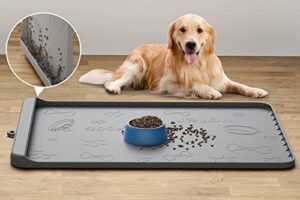 dog food mat - silicone dog mat for food and water - 36" x 24" large pet feeding mats with residue collection pocket - waterproof dog cat bowl mat with high edges to prevent water food spills (gray)