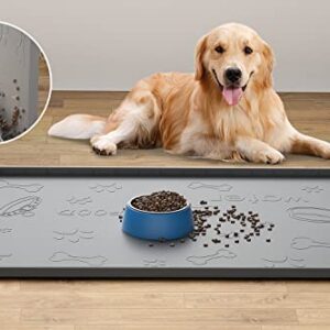 Dog Food Mat - Silicone Dog Mat for Food and Water - 36" x 24" Large Pet Feeding Mats with Residue Collection Pocket - Waterproof Dog Cat Bowl Mat with High Edges to Prevent Water Food Spills (Gray)