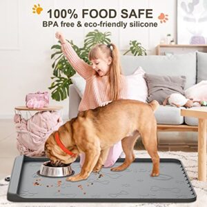 Dog Food Mat - Silicone Dog Mat for Food and Water - 36" x 24" Large Pet Feeding Mats with Residue Collection Pocket - Waterproof Dog Cat Bowl Mat with High Edges to Prevent Water Food Spills (Gray)