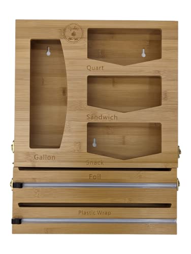 Sandra's Kitchen Supply Bamboo 6-in-1 single piece wall mountable plastic bag foil plastic wrap organizer with cutters - includes hardware