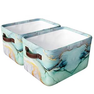 Qumstemily Marble Storage Bins for Shelves, Jade Texture Green Teal Collapsible Storage Boxes Basket for Bedroom/Kitchen, Closet Organizers with Handle, Marble Ink Paint Storage Cubes - 2 Pack