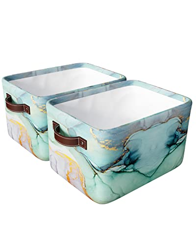 Qumstemily Marble Storage Bins for Shelves, Jade Texture Green Teal Collapsible Storage Boxes Basket for Bedroom/Kitchen, Closet Organizers with Handle, Marble Ink Paint Storage Cubes - 2 Pack