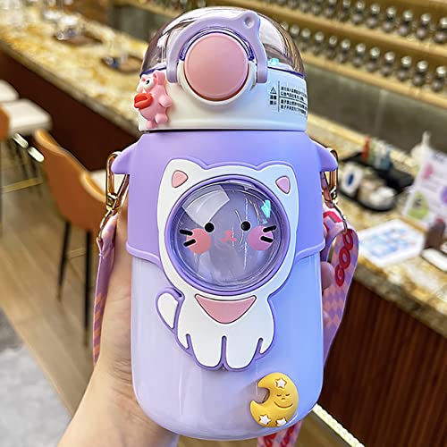 NCDUANSAN 600ML Kawaii insulated water cup 316 stainless steel cute girl outdoor bottle portable straw drinking bottle (purple)