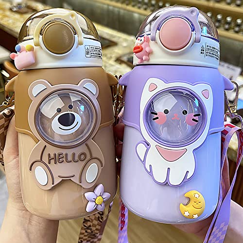 NCDUANSAN 600ML Kawaii insulated water cup 316 stainless steel cute girl outdoor bottle portable straw drinking bottle (purple)