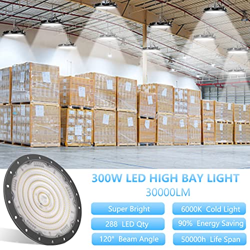 20 Pack 300W 30000LM UFO LED High Bay Light,6000K White High Bay Shop Light, Commercial Bay Lighting with Hanging Chain & Plug, for Shop,Barn,Garage,Warehouse,Basement, Wet Location