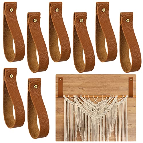 8 Pieces Artificial Leather Wall Hooks 1 x 4.7 Inches Wall Hanging Strap Wall Mounted Loop for Hanging Leather Strap Hangers for Bathroom Bedroom Kitchen Towel Holder Supplies (Dark Yellow)