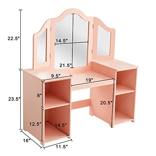 Kovhzcu Kids Vanity, 2 in 1 Princess Makeup Vanity Storage Cabinet with Detachable Top, Girls Vanity Set with Tri-fold Mirror, Kids Vanity Set with Mirror Age 3-9 (Pink)