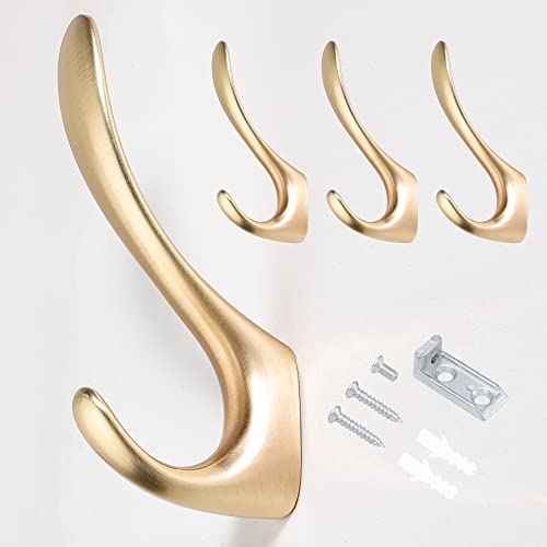 Gold Coat Hooks Wall Mounted, 4 Pack Gold Wall Hooks for Hanging Coats Robe Hats Bags Purses, Towel Hooks for Bathrooms Decorative Wall Hook Heavy Duty Double Hooks for Clothing