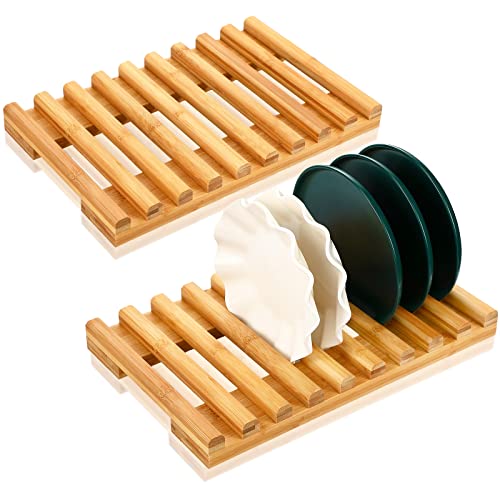 2 Pcs Bamboo Dish Rack 9 Slots Wooden Dish Drying Rack Regular Wood Plate Organizer for Cabinet Low Profile Plate Stand for Kitchen Display Countertop, 15.56 x 10 x 1.38 Inch, 0.8" Holder Width