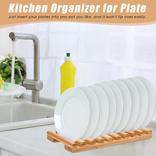 2 Pcs Bamboo Dish Rack 9 Slots Wooden Dish Drying Rack Regular Wood Plate Organizer for Cabinet Low Profile Plate Stand for Kitchen Display Countertop, 15.56 x 10 x 1.38 Inch, 0.8" Holder Width