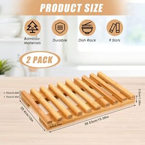 2 Pcs Bamboo Dish Rack 9 Slots Wooden Dish Drying Rack Regular Wood Plate Organizer for Cabinet Low Profile Plate Stand for Kitchen Display Countertop, 15.56 x 10 x 1.38 Inch, 0.8" Holder Width