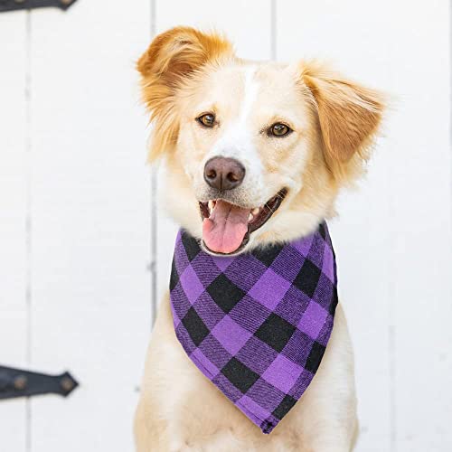 CROWNED BEAUTY Large Dog Bandana for Medium Large Dogs,Purple Black Buffalo Plaid Adjustable Reversible Triangle Cutton Scarves DB19-L