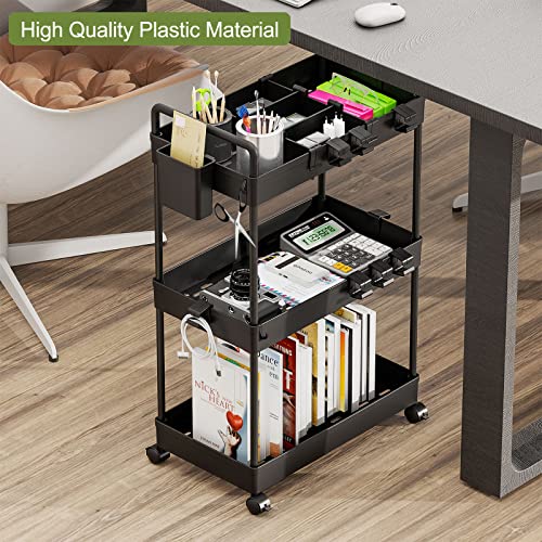 Mosxoed Slim Storage Cart Rolling Utility Cart with Wheels 3 Tier Mobile Bathroom Organizer Cart for Laundry Room Kitchen Office Narrow Space with Handle Hanging Cups Dividers, Black, 29" H