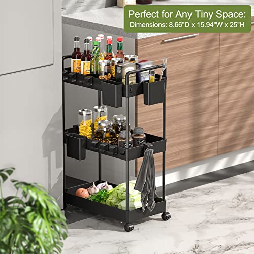 Mosxoed Slim Storage Cart Rolling Utility Cart with Wheels 3 Tier Mobile Bathroom Organizer Cart for Laundry Room Kitchen Office Narrow Space with Handle Hanging Cups Dividers, Black, 29" H