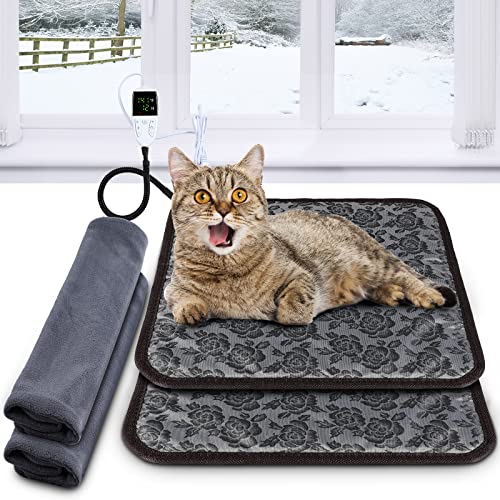 2 Pcs Pet Heating Pad Heated Dog Bed Waterproof Cat Warming Pad Adjustable Heated Dog Pad Pet Electric Heating Mat with Washable Cover, Switch, Anti Bite Steel Cord for Pets Puppy 17.7 x 17.7" (Gray)