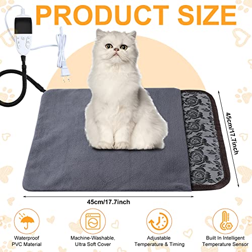 2 Pcs Pet Heating Pad Heated Dog Bed Waterproof Cat Warming Pad Adjustable Heated Dog Pad Pet Electric Heating Mat with Washable Cover, Switch, Anti Bite Steel Cord for Pets Puppy 17.7 x 17.7" (Gray)