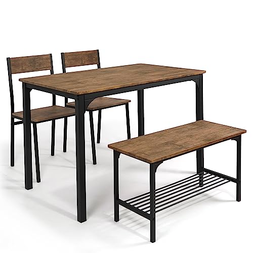 Fencer Wire 4 Pieces Dining Table Set for 4 w/Bench & Chairs, Rectangle Table, Bench & Two Chairs, Space-Saving Dining Set, Modern Table Set for Dining Room, Home, Kitchen w/Storage Rack, Teak Oak