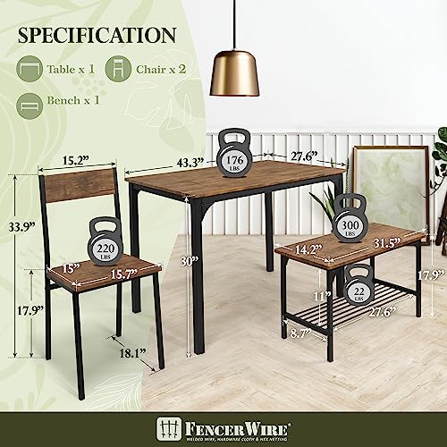 Fencer Wire 4 Pieces Dining Table Set for 4 w/Bench & Chairs, Rectangle Table, Bench & Two Chairs, Space-Saving Dining Set, Modern Table Set for Dining Room, Home, Kitchen w/Storage Rack, Teak Oak