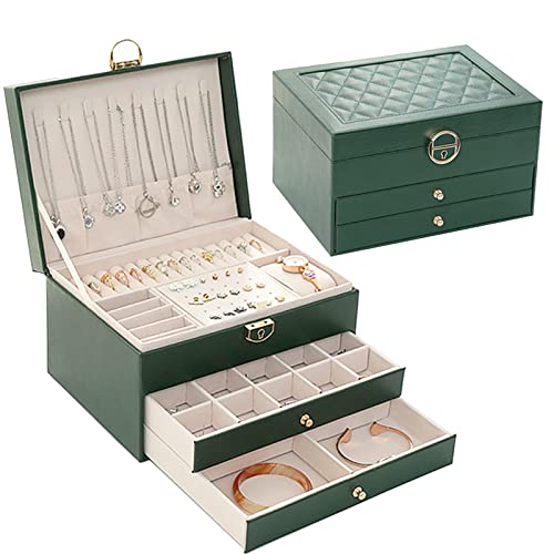 ProttyLife Jewelry Organizer for Women Girls 3 Layers Lockable Jewelry Organizer Jewelry Box Large Jewelry Storage Boxes Ideal Gift Jewelry Display Case for Bracelets, Rings, Necklaces, (Green)