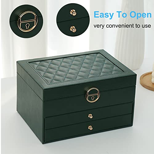 ProttyLife Jewelry Organizer for Women Girls 3 Layers Lockable Jewelry Organizer Jewelry Box Large Jewelry Storage Boxes Ideal Gift Jewelry Display Case for Bracelets, Rings, Necklaces, (Green)