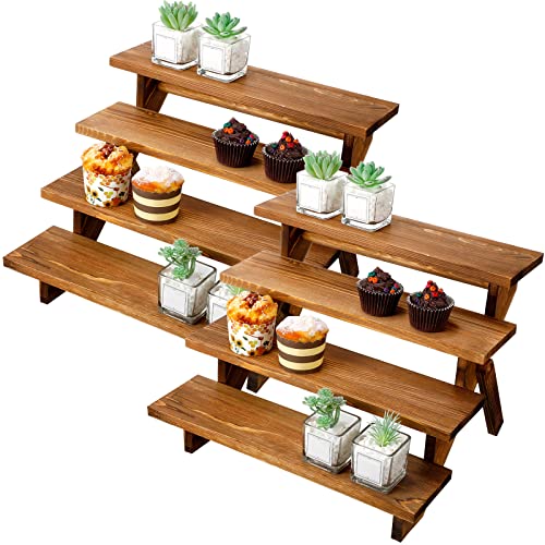 2 Pcs Wooden Cupcake Stand and Towers 4 Tier Display Stand Farmhouse Tiered Wood Cake Stand Rustic Risers for Display Cupcake Dessert Stand for Retail Vendors Indoor Outdoor Plant (Brown)