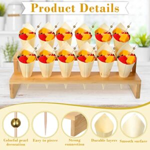 150 Disposable Wooden Cones with 2 Pack 12 Holes Ice Cream Cone Display Stand Charcuterie Cones Holder Stand 150 Fancy Toothpicks for Appetizers Wedding Decoration（Brown）