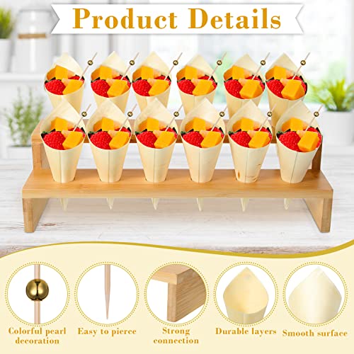 150 Disposable Wooden Cones with 2 Pack 12 Holes Ice Cream Cone Display Stand Charcuterie Cones Holder Stand 150 Fancy Toothpicks for Appetizers Wedding Decoration（Brown）