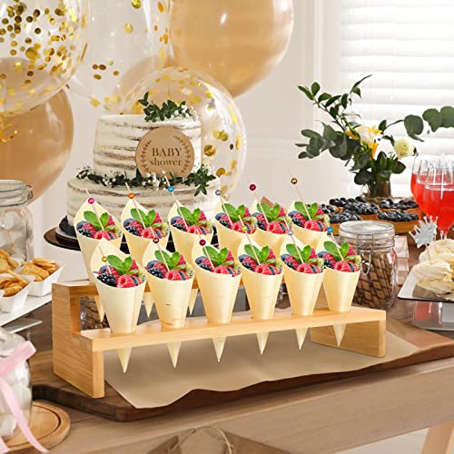 150 Disposable Wooden Cones with 2 Pack 12 Holes Ice Cream Cone Display Stand Charcuterie Cones Holder Stand 150 Fancy Toothpicks for Appetizers Wedding Decoration（Brown）