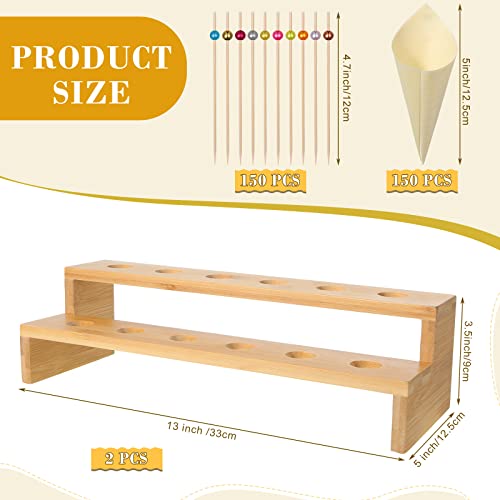 150 Disposable Wooden Cones with 2 Pack 12 Holes Ice Cream Cone Display Stand Charcuterie Cones Holder Stand 150 Fancy Toothpicks for Appetizers Wedding Decoration（Brown）