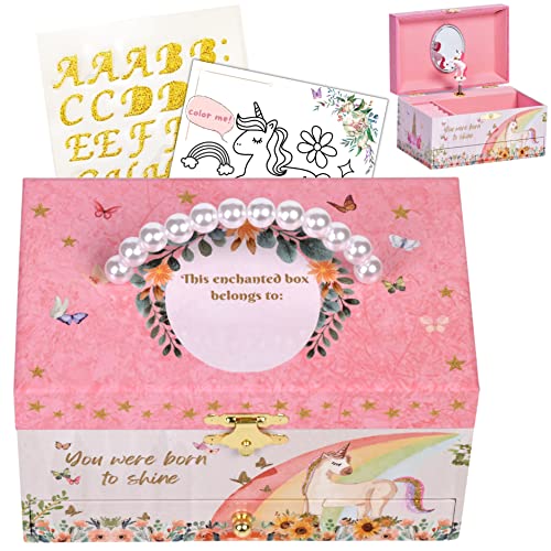 Emme Treasures Musical Jewelry Box - Personalizable Unicorn Kids Jewelry Box for Girls with Glitter Alphabet Stickers - Whimsical Girls Jewelry Box - Giftable Kids Music Box