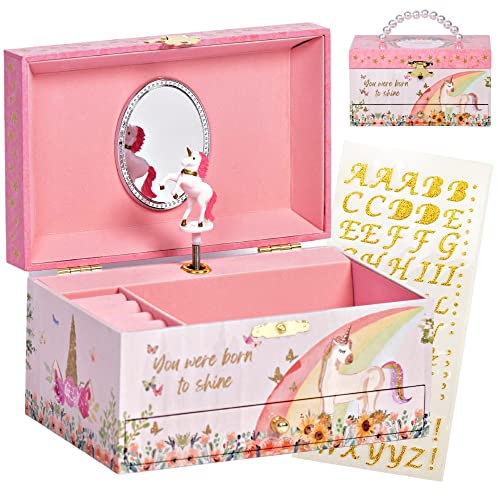 Emme Treasures Musical Jewelry Box - Personalizable Unicorn Kids Jewelry Box for Girls with Glitter Alphabet Stickers - Whimsical Girls Jewelry Box - Giftable Kids Music Box