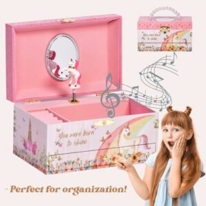 Emme Treasures Musical Jewelry Box - Personalizable Unicorn Kids Jewelry Box for Girls with Glitter Alphabet Stickers - Whimsical Girls Jewelry Box - Giftable Kids Music Box