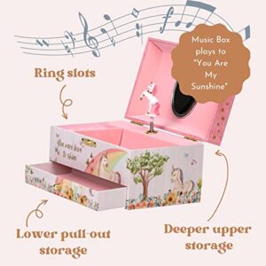 Emme Treasures Musical Jewelry Box - Personalizable Unicorn Kids Jewelry Box for Girls with Glitter Alphabet Stickers - Whimsical Girls Jewelry Box - Giftable Kids Music Box