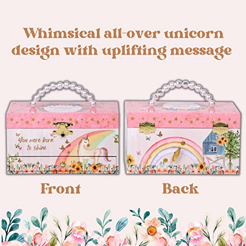 Emme Treasures Musical Jewelry Box - Personalizable Unicorn Kids Jewelry Box for Girls with Glitter Alphabet Stickers - Whimsical Girls Jewelry Box - Giftable Kids Music Box