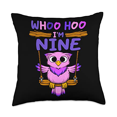 9 Year Old Owl Birthdav Gifts For Women Kids Kids Girls Whoo Hoo I'm 9th Birthday Owl Lovers Throw Pillow, 18x18, Multicolor