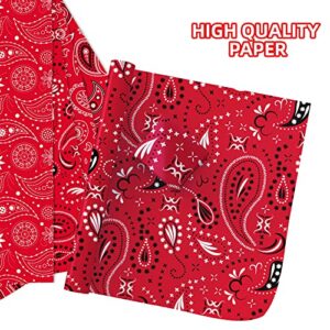 Red Bandana Wrapping Paper Set - 8 Sheets Western Party Gift Wrapping Paper 2 Design Cowboy Party Wrapping Paper for Western Cowboy Themed Party, Paisley Cowgirl Farm Party Decoration 20'' x 27''