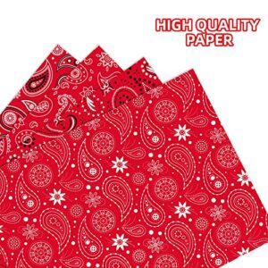 Red Bandana Wrapping Paper Set - 8 Sheets Western Party Gift Wrapping Paper 2 Design Cowboy Party Wrapping Paper for Western Cowboy Themed Party, Paisley Cowgirl Farm Party Decoration 20'' x 27''