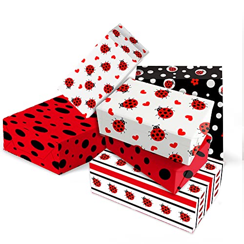 Lide Road Ladybug Wrapping Paper Set - 8 Sheets Ladybug Fancy Birthday Party Gift Wrapping Paper 4 Insect Design Ladybug Party Wrapping Paper for Ladybug Fancy Birthday Party Decoration 20'' x 27''