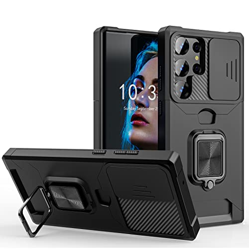 Design for Samsung S23 Ultra Case with Card Holder, Galaxy S23 Ultra Silicone Phone Case with Sliding Camera Cover and Magnetic Ring Holder Kickstand(Black)