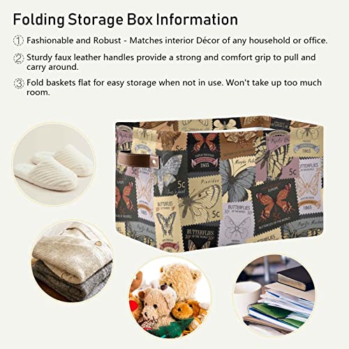 Kigai Butterflies Stamps Storage Basket with Handles for Shelves, Foldable Organizer Waterproof Canvas Storage Bin for Closet/Bathroom/Toy/Nursery, 2 Pack