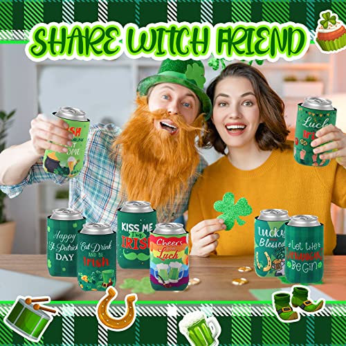 24 Pcs St. Patrick's Day Can Coolers Sleeves 8 Designs Insulated Funny Green Shamrock Irish Beverages Covers St. Paddy's Day Party Gift St. Patrick's Day Party Favor Decorations Party Supplies