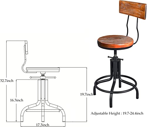 Topower Three-Piece Bar Table and Chair Set Height Adjustable Pub Table and Industrial Dining Breakfast Chair Metal Bar Stool with Wood Backrest Black (1 Table + 2 Chairs)