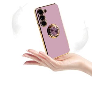 Aitipy for Samsung Galaxy S23 Case with Screen Protector, Built-in 360° Rotation Ring Holder Magnetic Stand, Luxury Shiny Plating Edge Shockproof Electroplated Protective Phone Cover (Purple/Golden)