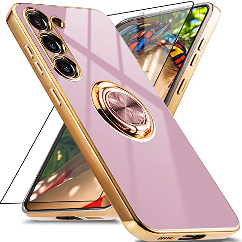 Aitipy for Samsung Galaxy S23 Case with Screen Protector, Built-in 360° Rotation Ring Holder Magnetic Stand, Luxury Shiny Plating Edge Shockproof Electroplated Protective Phone Cover (Purple/Golden)