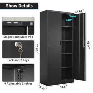 Wanfu Metal Storage Cabinet with Locking Doors and Adjustable Shelves, 71” Tall Steel Storage Cabinets for Garage, Home Office, Pantry(Black)