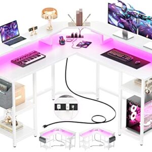 Aheaplus L Shaped Gaming Desk with Power Outlets & LED Lights, Computer Corner Desk with Monitor Stand and Storage Shelf, Home Office Writing Desk with Storage Bag, White