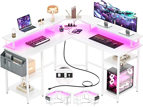 Aheaplus L Shaped Gaming Desk with Power Outlets & LED Lights, Computer Corner Desk with Monitor Stand and Storage Shelf, Home Office Writing Desk with Storage Bag, White