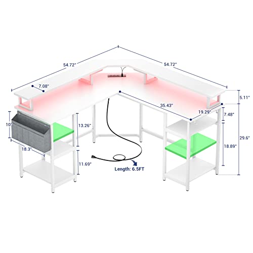 Aheaplus L Shaped Gaming Desk with Power Outlets & LED Lights, Computer Corner Desk with Monitor Stand and Storage Shelf, Home Office Writing Desk with Storage Bag, White